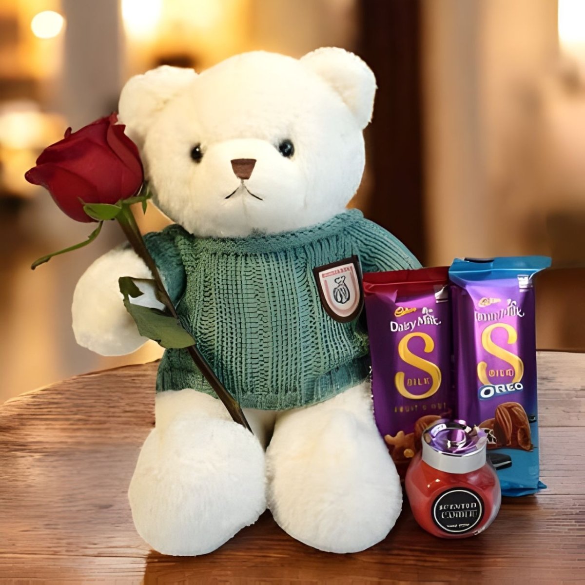 Adorable Teddy Surprise with Chocolates, Candle & Rose – Flowers to ...