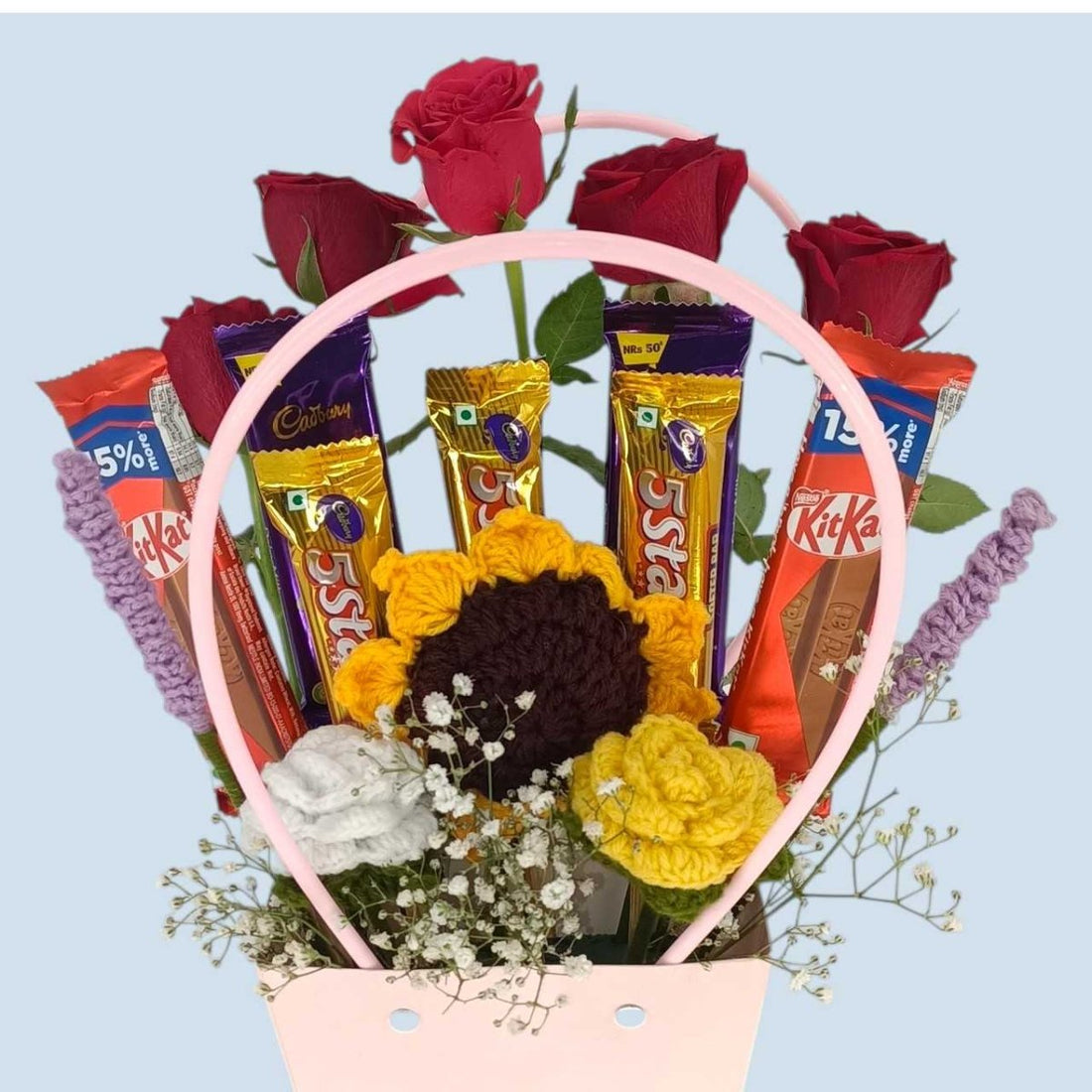 Elegant Roses, Crochet Blooms & Chocolate Combo – Flowers to Nepal - FTN