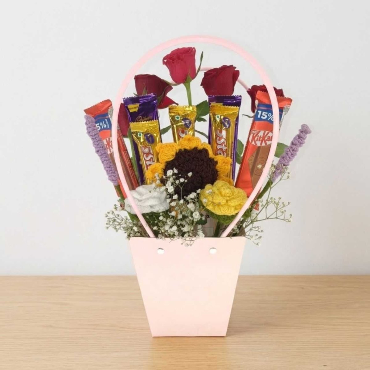 Elegant Roses, Crochet Blooms & Chocolate Combo – Flowers to Nepal - FTN
