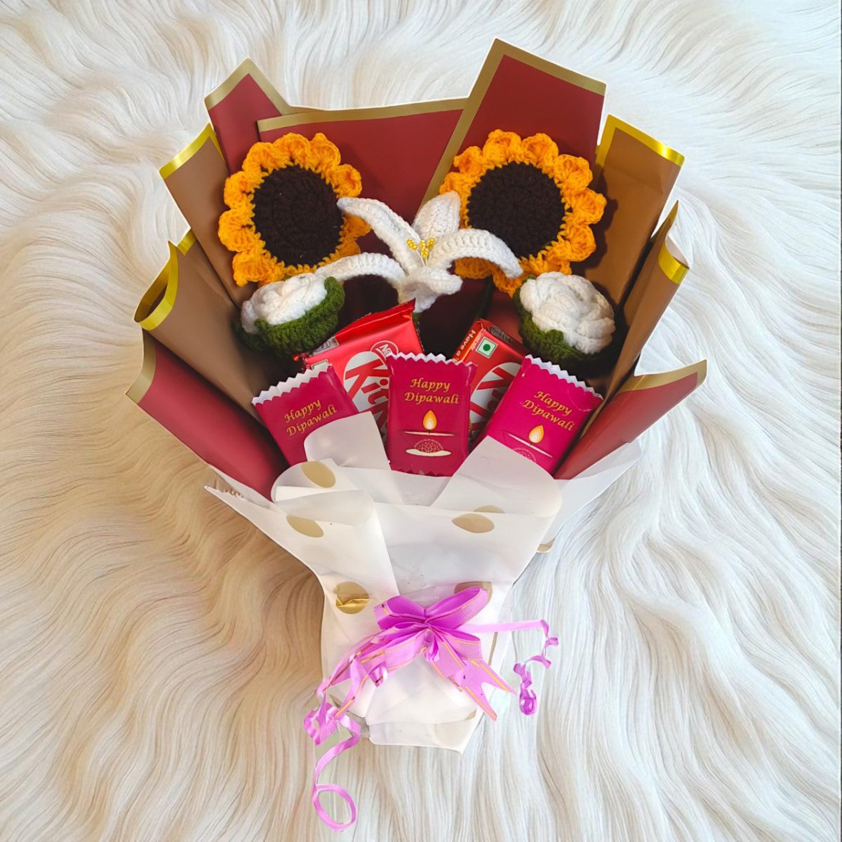 Festive Crochet Bouquet With Tihar Theme Chocolate Wrapper - Flowers to ...